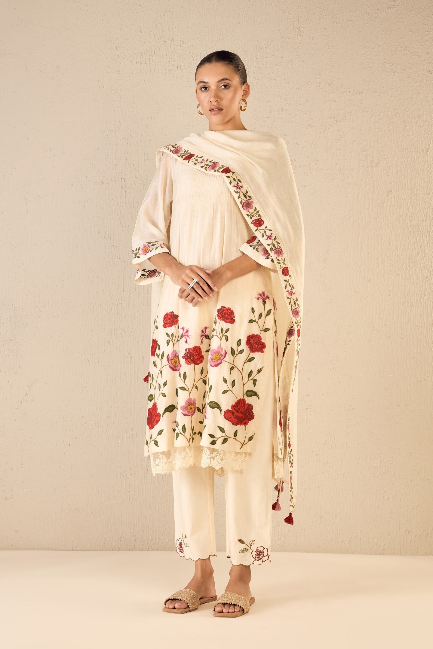 GARDENIA CHARM: IVORY FLORAL EMBRIODERY JAAL KURTA SET WITH FLORAL BOR ...