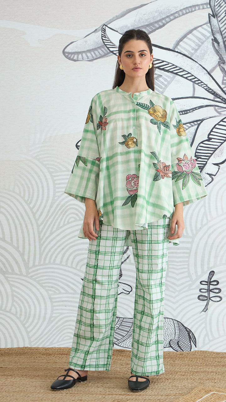 GREEN CHECK FLOWER NAMAH TUNIC WITH GREEN CHECK PANTS – SHIVANI BHARGAVA