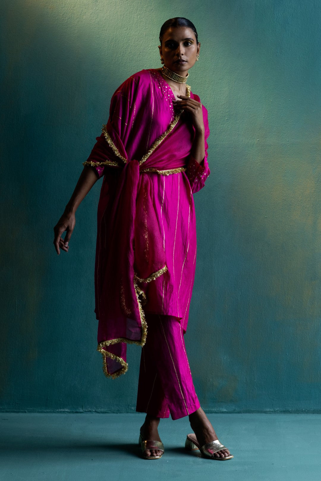 DIL-KASH PINK KOTA SILK WITH GOLD FRINGE DUPATTA – SHIVANI BHARGAVA